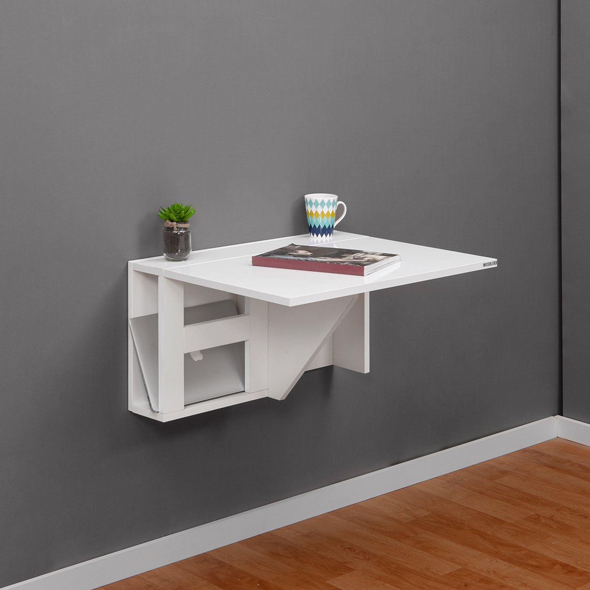 Wall Mounted iDesk with Ledge & Storage with Compact Foldable Chair ...