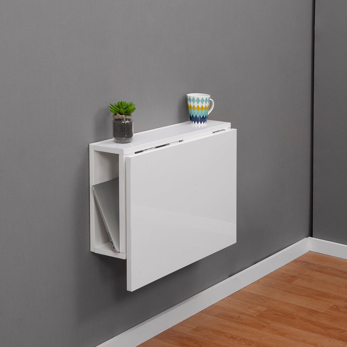 Wall Mounted iDesk with Ledge & Storage with Compact Foldable Chair ...